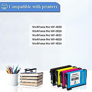 SHUOLEI 822XL Remanufactured Ink Cartridge Replacement for EP 822 XL 822XL T822 T822XL Ink Cartridge Combo Pack Work for WF-4830 WF-3820 WF-4820 WF-4834 Printers (4 Packs, Black/Cyan/Magenta/Yellow)