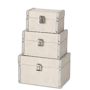WHW Whole House Worlds 3 Piece Silver Studs Box Set, Faux Sand Beige Suede and Leather, Fabric Lined, Flip Latch Closure, Table Top, Lined, Organizers, MDF Wood, 9, 7.75, and 6.75 Inches