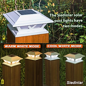 SIEDiNLAR Solar Post Lights Outdoor 2 Modes LED Fence Deck Cap Light for 4x4 5x5 6x6 Posts Garden Patio Decoration Warm White/Cool White Lighting White (2 Pack)
