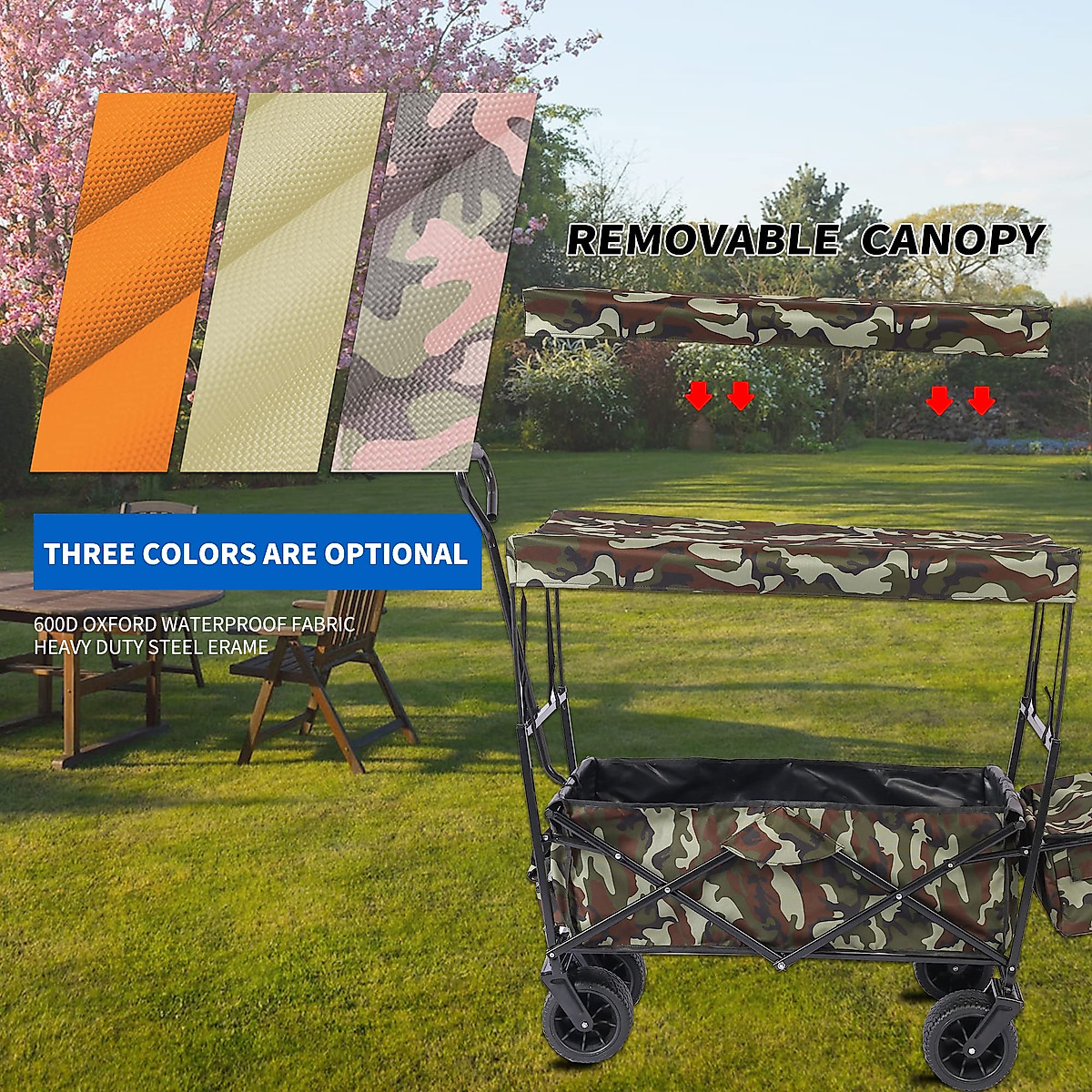 Rolling Collapsible Garden Cart Kids Camping Wagon with 360 Degree Swivel Wheels & Removable Canopy, 250LBS Weight Capacity Folding Utility Wagon Cart with Storage Basket for Outdoor Camping Shopping