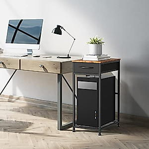 Computer Tower Stand PC Tower Stand with Storage Drawer 2 Tier Wood Rolling CPU Holder Stand Mobile Printer Cart on Wheels for Home Office, Industiral Brown and Black