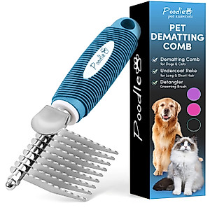 Poodle Pet Dematting Fur Rake Comb Brush Tool - Dog and Cat Comb with Long 2.5 Inches Steel Safety Blades for Detangling Matted or Knotted Undercoat Hair (Blue, Dematting Comb)