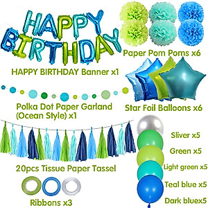 Blue and Green Birthday Decorations with Teal Blue Happy Birthday Banner, Mermaid Ocean Bubble Circle Dot Garland, Tissue Flowers, Tassels Garland, Balloons for Girls Boys Women Men Birthday Supplies