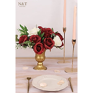 N&T NIETING Artificial Flowers, 20Pcs Silk Rose Fake Flowers with Stems Bridal Wedding Bouquet Baby Shower Home Garden Party Decoration, Dark Red
