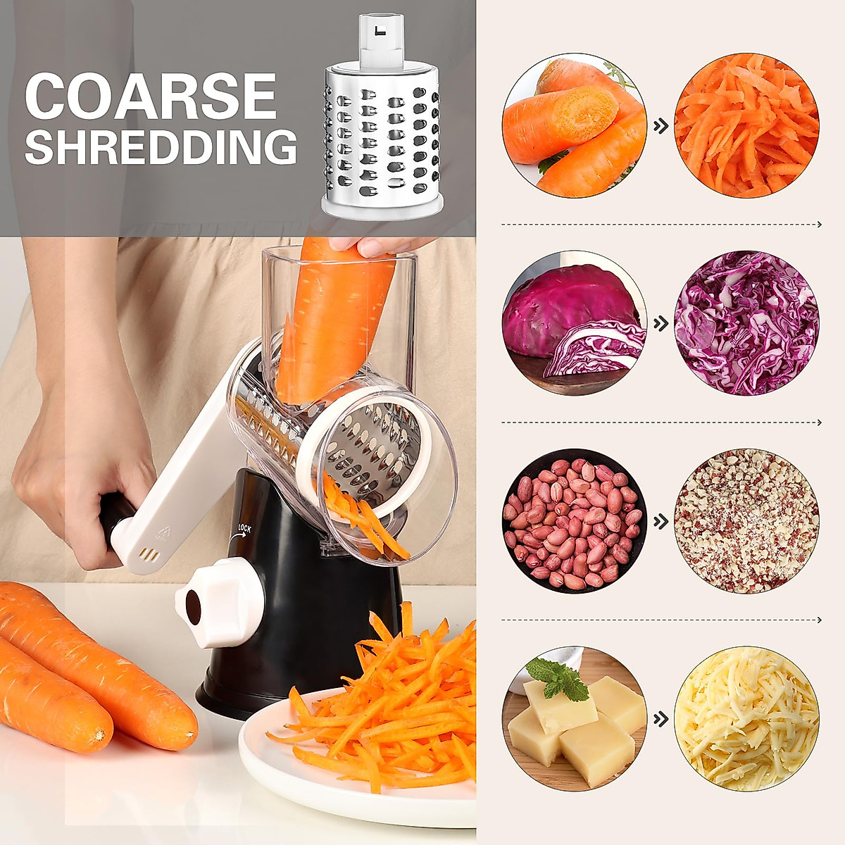 Rotary Cheese Grater Cheese Shredder - Cambom Kitchen Manual Cheese Grater with Handle Vegetable Slicer Nuts Grinder 3 Replaceable Drum Blades and Strong Suction Base Free Cleaning Brush