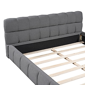 DNYN Queen Size Upholstered Platform Bed with Thick Fabric for Kids/Adults,Solid Wood Bedframe w/Wood Slat Support & Easy Assembly & No Box Spring Needed,Perfect for Dorm,Bedroom,Guest Room, Gray