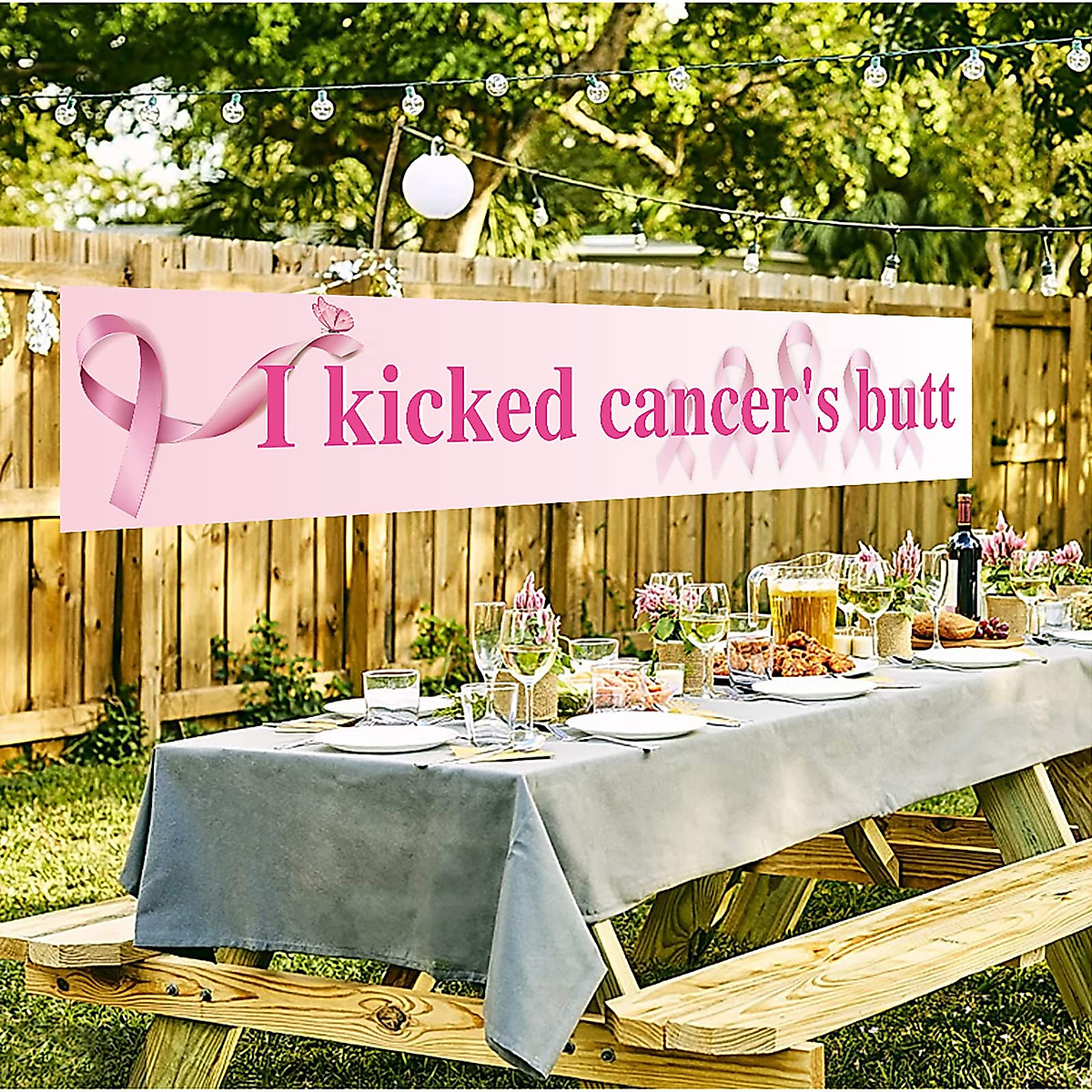 GENERC Large I Kicked Cancer's Butt Banner, Pink Ribbon Party Sign Decoration Hope Strength Courage Faith Backdrop for Breast Cancer Awareness Party Decoration Supplies - 118'' x 19.7''