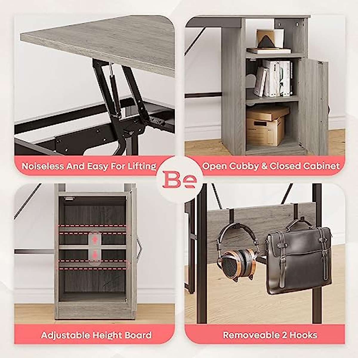 Bestier L Shaped Standing Desk Adjustable Height, 60" Corner Computer Desk with Storage File Cabinet, 95.2" Long and Large Reversible Office Desk with Lift Top, Washed Gray