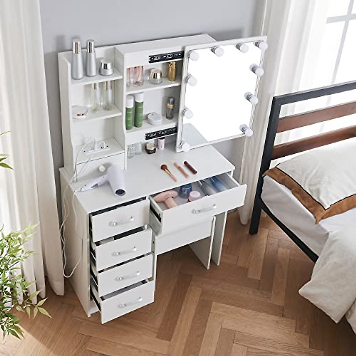 saicheng Modern Vanity Table Set with Stool, White Makeup Dressing Table with Sliding Lighted Mirror 10 Bulbs, Dresser Desk with 5 Storage Drawers