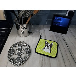 Caroline's Treasures BB1265PTHD Checkerboard Lime Green Boston Terrier Pair of Pot Holders Kitchen Heat Resistant Pot Holders Sets Oven Hot Pads for Cooking Baking BBQ, 7 1/2 x 7 1/2