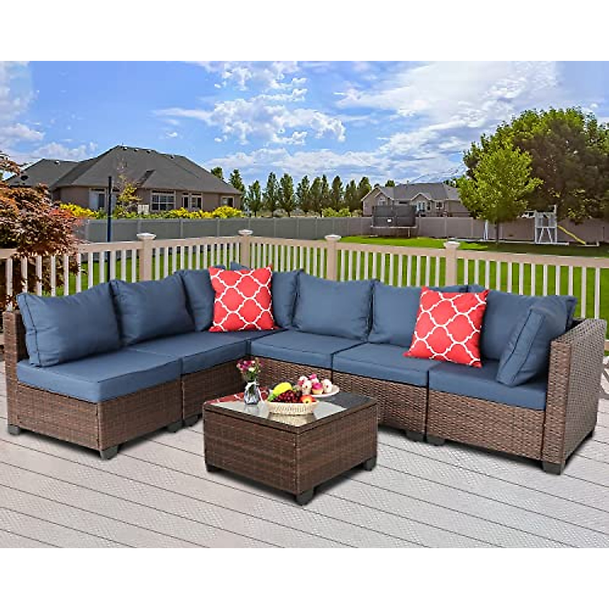 HTTH Patio Furniture Sets Outdoor Furniture Outdoor Rattan Wicker Conversation Sofa Garden Sectional Sets with Washable Cushions Coffee Table (Mix-Blue)