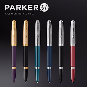 PARKER 51 Deluxe Fountain Pen | Black Barrel and Gold Attributes | Medium Nib in 18 Carat Gold | Black Ink Cartridge | Delivered in Gift Box