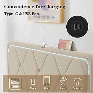VECELO Upholstered Twin Bed Frame with Headboard Adjustable, Velvet Platform Bed with LED Lights, Charging Station, Mattress Foundation with Wooden Slats, Noise Free, No Box Spring Needed, Beige