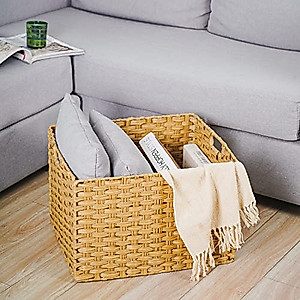 Wicker Baskets with Carrying Handles Foldable Handwoven Cube Storage Basket Bin Rectangular Open Storage Bins,Set of 2