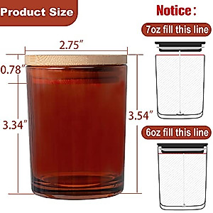 CONNOO 15 Pack 7 oz Amber Glass Candle Jars with Bamboo Lids for Making Candles, Empty Candle Container Tins with Carving Lids and Labels, Bulk Candle Tins