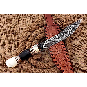 HUNTEX Unique Custom Handmade Hand-Forged Ladder Pattern Damascus Steel 12 Inch Long Full Tang Buffalo Horn Handle Razor Sharp Hunting Camping Spay Point Slicer Knife with Genuine Leather Sheath