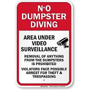 SmartSign 18 x 12 inch “No Dumpster Diving - Area Under Video Surveillance” Sign, 63 mil Aluminum, 3M Laminated Engineer Grade Reflective Material, Red, White and Black, Made in USA