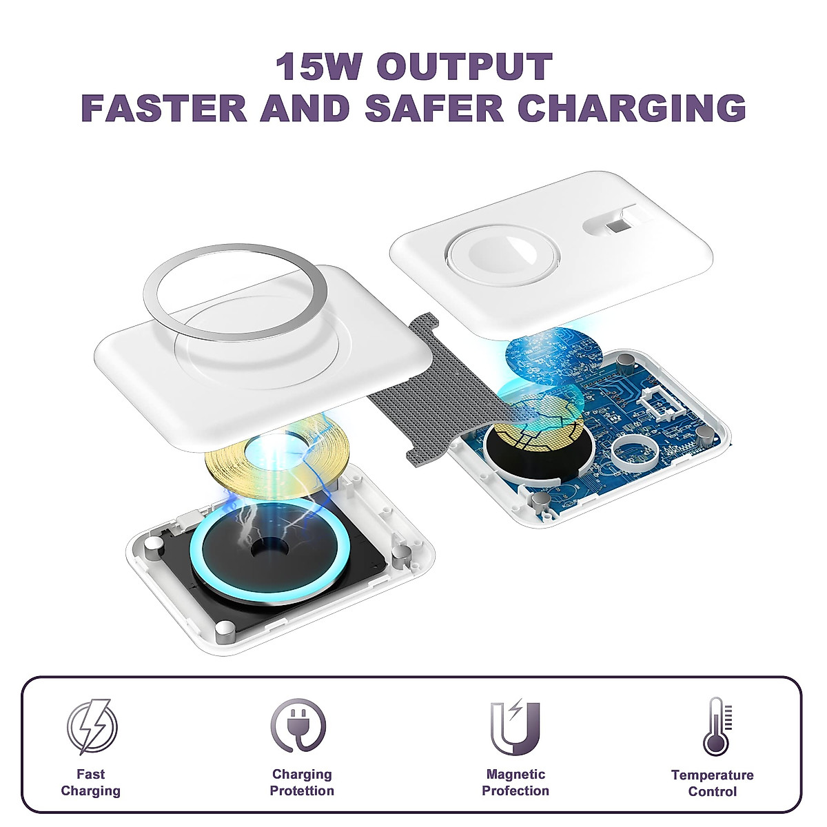3 in 1 Wireless Charger, Foldable Magnetic Charging Station, Fast Travel Wireless Charging Pad for Multiple Apple Devices, Compatible with iPhone 15/14/13/12/Pro/Max/Plus/Mini, iWatch, Airpods (White)