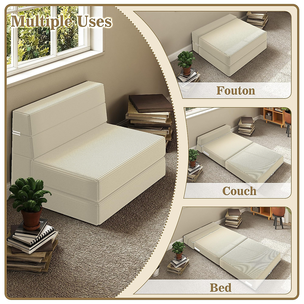 CATMIX Folding Sofa Bed, Foldable Memory Foam Couch Floor Mattress Futon, Convertible Floor Sleeper Chair with Back Support for Living Room, Bedroom, Guest Room, Corduroy (White, Twin)