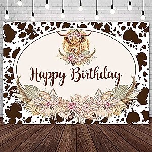 AIBIIN 7x5ft Highland Cows Birthday Backdrop for Boys Girls Cattle Birthday Photography Background Boho Floral Highland Farm Cow Party Decorations Banner Photo Studio Props