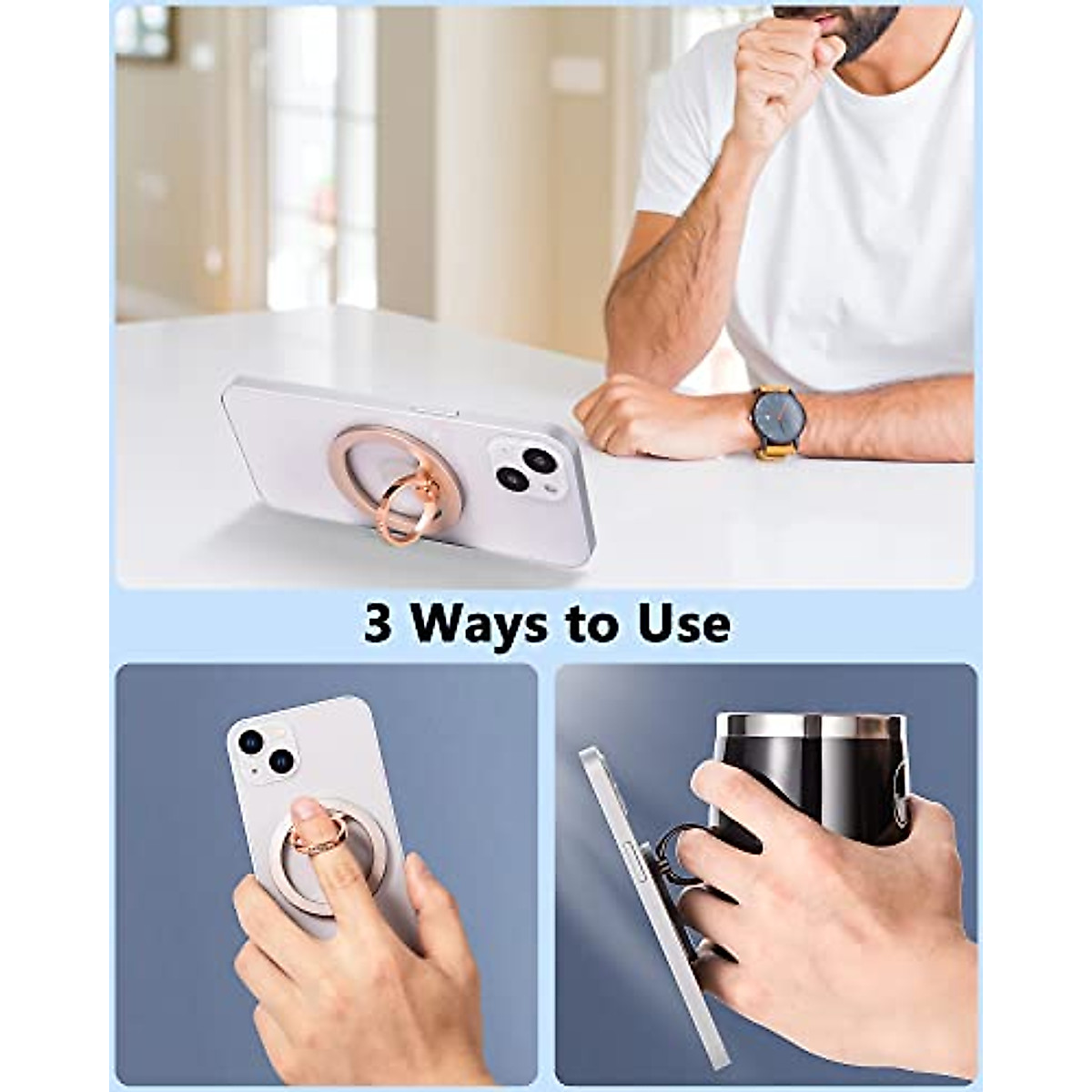 Magnetic Phone Grip (MagGo) Removable Phone Holder Stand Adjustable Finger Ring Grip Compatible with Magsafe for All Smartphone/Case (Rose Gold)