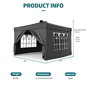 JOINATRE 8 x 8 Pop Up Canopy 4 Removable Sidewalls, Easy Set Up Outdoor Canopy Tent, Instant Folding Ez Up Canopy Commercial Gazebo Shelter, Air Vents, UV Protection with Carry Bag (Black)