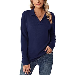 Romanstii Women's Knitted Polo Sweaters Long Sleeve V Neck Collared Shirts Winter Pullover Tops,Navy Blue,L