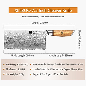 XINZUO Cleaver Knife 7.5 Inch, 73 Layer Damascus Steel Powder Steel Core Chinese Chef's Knife, Multifunction Vegetable Meat Slicing Knife with Olive Wood Handle -Lan Series