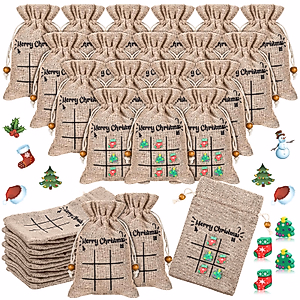 Windyun 100 Set Christmas Tic Tac Toe Game Bulk Xmas Board Game 3.94 x 5.91 Burlap Drawstring Bag with 1000 Christmas Tree and Stocking Classroom Games Christmas Gifts Party Family Games