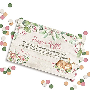 Little Deer Woodland Themed Diaper Raffle Tickets for Girl Baby Showers, 20 2" X 3” Double Sided Insert Cards for Games by AmandaCreation, Bring a Pack of Diapers to Win Favors & Prizes!