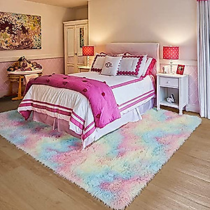 Rukman Super Soft Colorful Furry Indoor Modern Plush Area Rugs 5x8 Feet Fluffy Furry Living Room Carpets for Home Decor Children Bedroom Washable Non - Slip (Non - Skid) Nursery Rug Rainbow Color