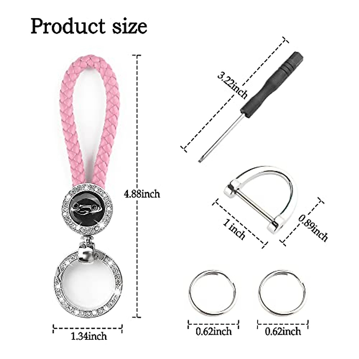 Bling Bling Leather Keychain,Universal Car Accessories Car Lanyard Key Fob Holder with Anti-lost D-ring and Screwdriver(Pink)