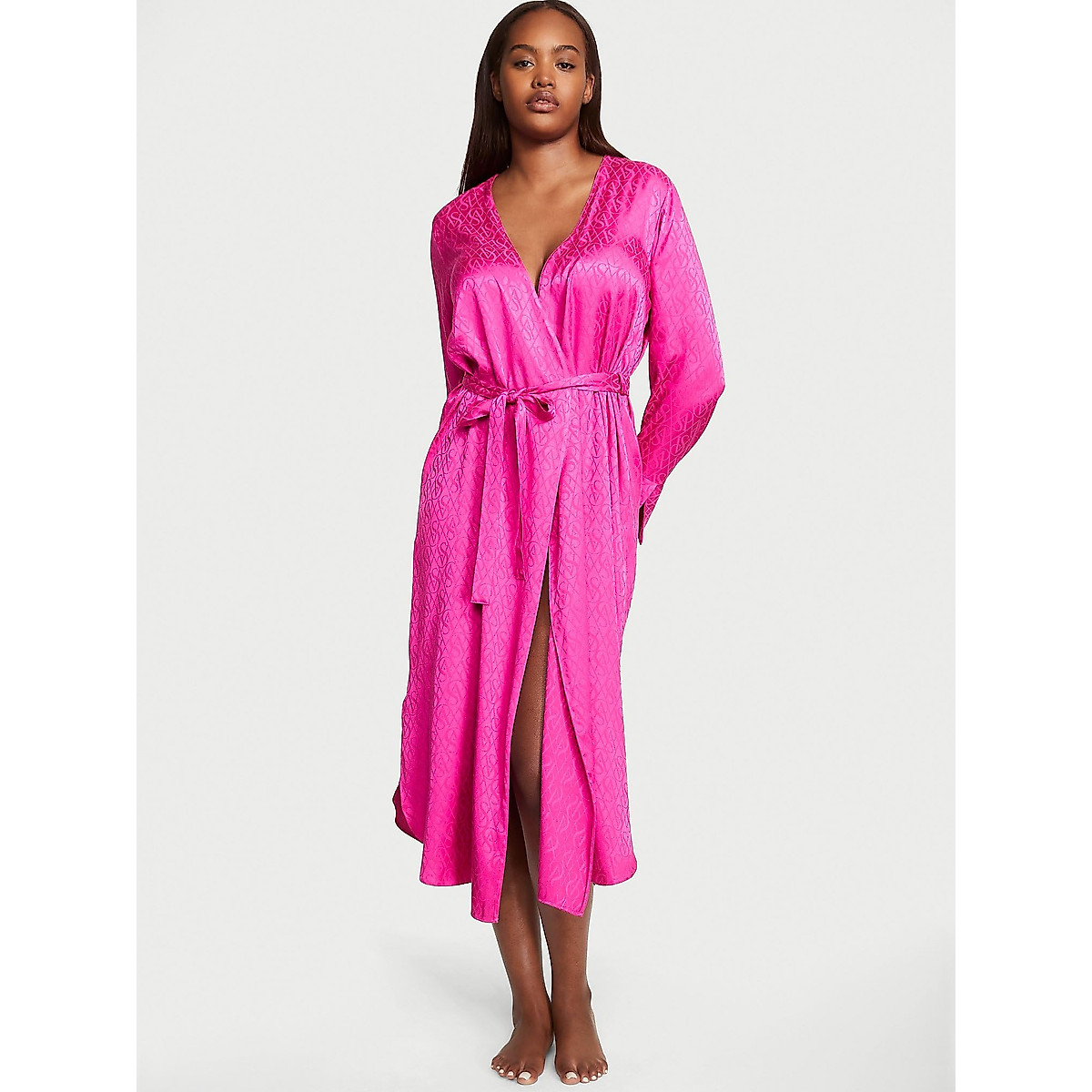 Victoria's Secret Icon Satin Long Robe, VS Logo Kimono, Women's Lingerie, Pink (XL/XXL)