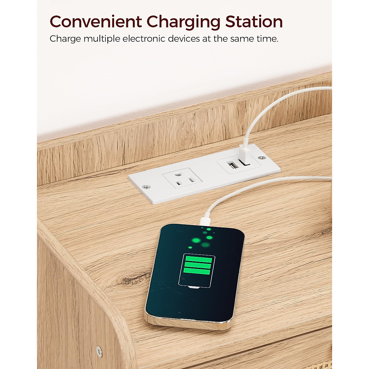 CHOEZON Nightstand with Charging Station, Side Table with Rattan-Style Drawer and Storage Shelf, Modern Rattan Night Stand with 2 USB Ports, Boho End Table Bedside Table for Bedroom, Natural MBZ01UWO