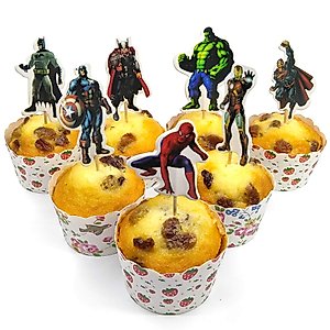 v39buy 28pcs Superhero Cupcake Toppers - Cake Toppers For Children Birthday Party Decoration Supplies - 7 Designs Made Of Cardboard And Toothpick
