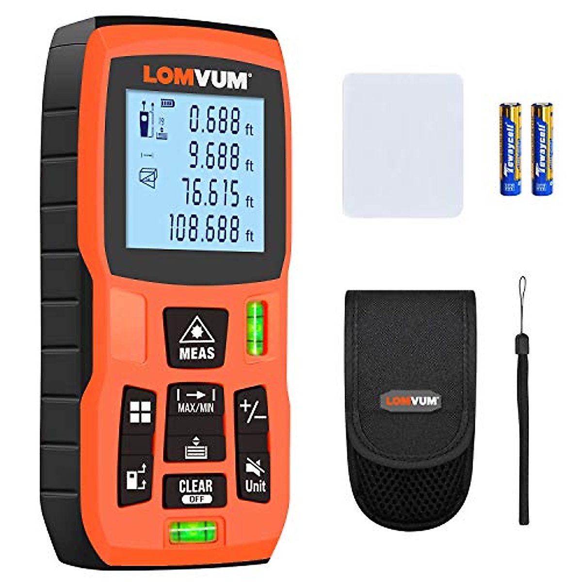 Laser Measure 393Ft - LOMVUM Laser Tape Measure Laser Measurement Tool with M/in/Ft Unit Switching, Backlit LCD, Pythagorean Mode, Measure Distance, Area and Volume - Carry Pouch and Battery Included