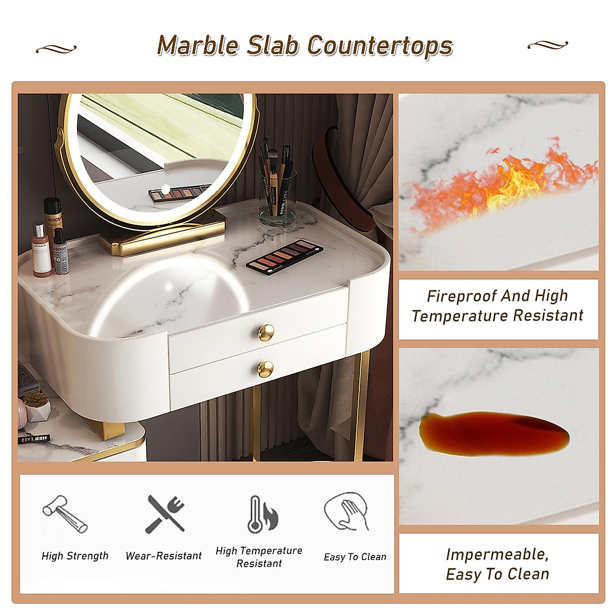 EnweMahi Vanity Desk with Mirror and Lights, Makeup Vanity with Lights and Makeup Chair, Led Makeup Mirror 3 Colors Dimmable, Small Vanity Desk for Bedroom, Boudoir, Girlfriend Gift