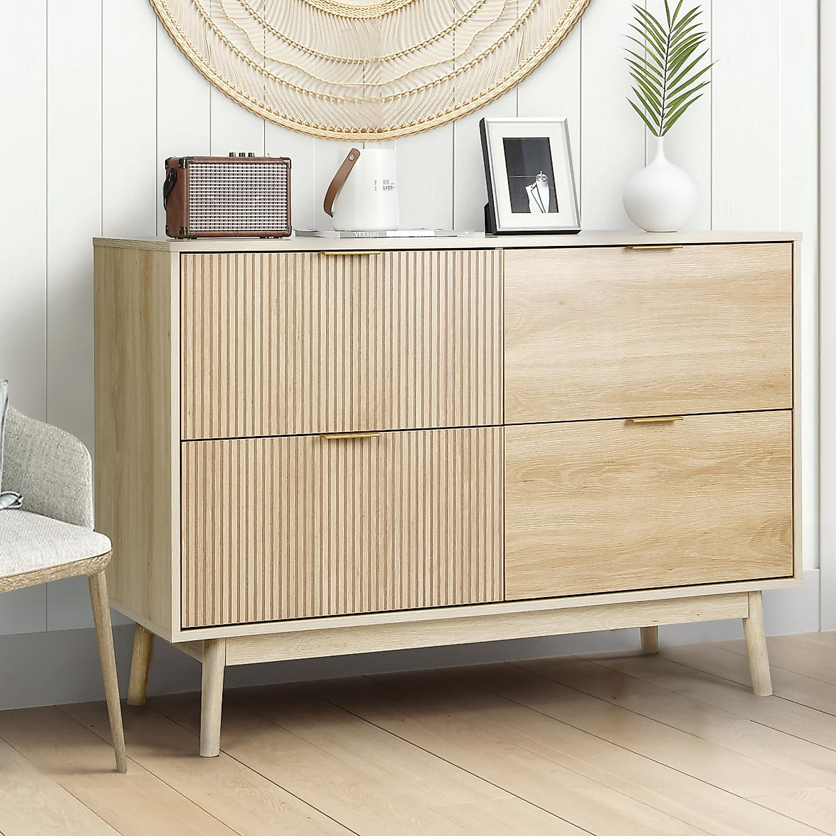 VOWNER 4 Drawer Dresser, Modern Closet Dressers with Wide Drawers, Farmhouse Wood Storage Chest of Drawers for Bedroom, Living Room