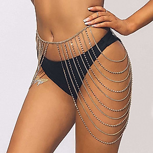 Asooll Sexy Multi-Layered Crystal Leg Body Chains Fashion Sparkly Belly Hip Skirts Tassel Waist Chains for Women and Girls (Gold)