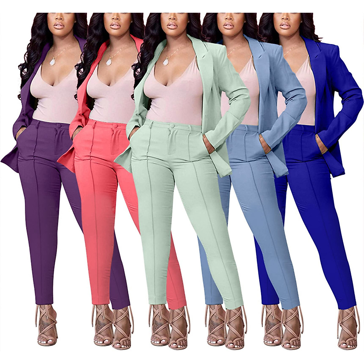 Women's 2 Piece Outfit Deep V Long Sleeve Solid Color Blazer with Pants Elegant Business Suit Sets Purple