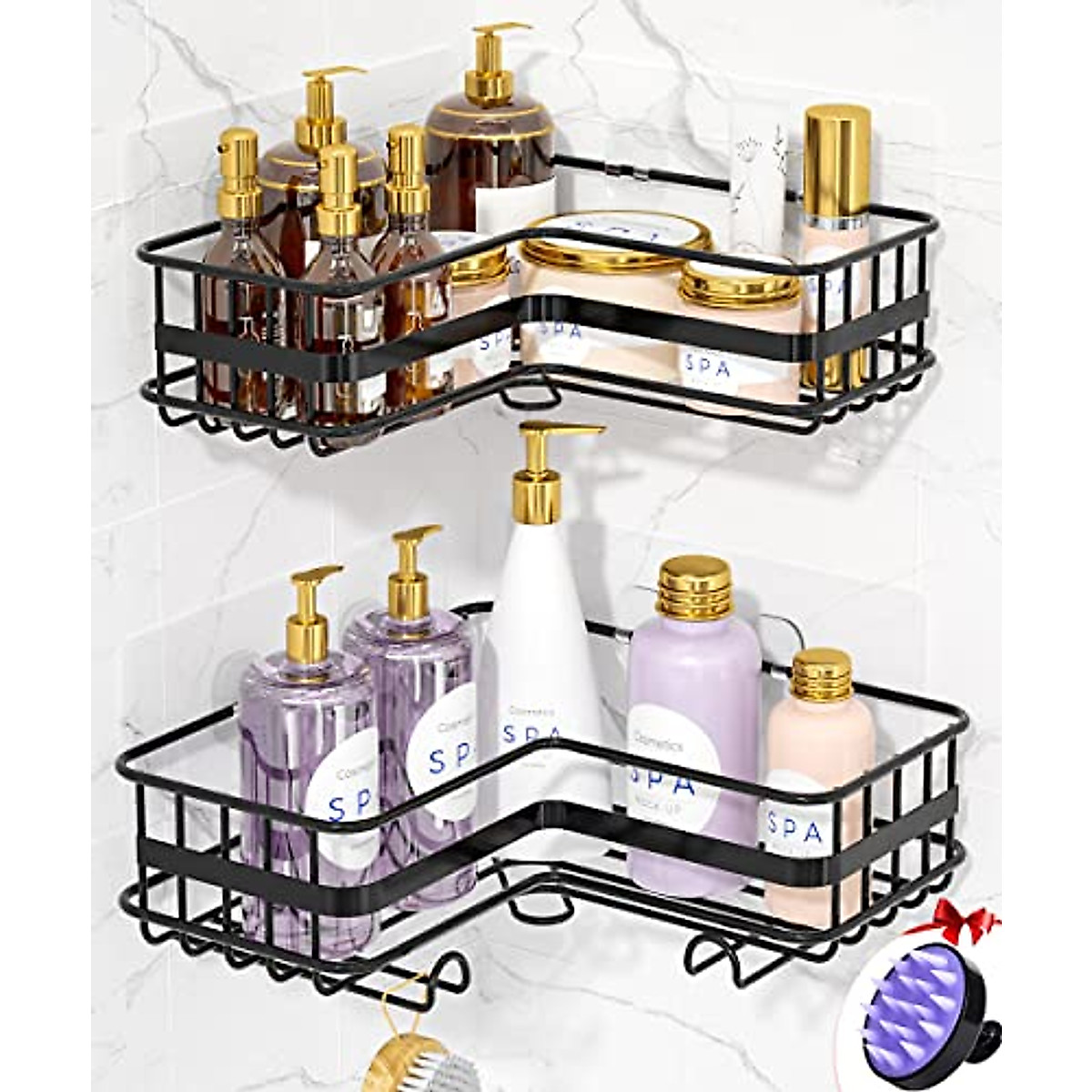 Roseyat Corner Shower Caddy Shelf Basket for Shampoo Stainless Steel, Adhesive Shower Shelf Storage Organizer, No Drilling Shower Shelves For Inside Shower Rack Holder with Hooks-2 Pack Black