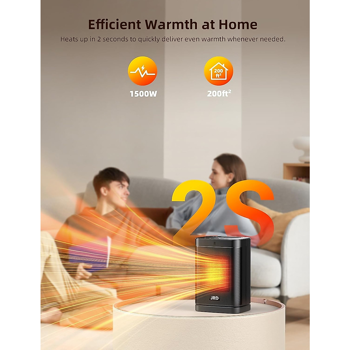 Space Heater Indoor, JRD 1500W PTC Portable Electric Heater with 80°Oscillation, Thermostat, 12h Timer, Fast Heat, Eco Mode, Remote, Small Quiet Safe Room heater Desk Heater for Office Bedroom Home