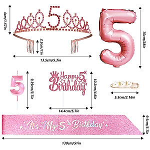 5th Pink Birthday Decorations for Girls,Including 5th Birthday Sash,Rhinestone 5th Birthday Girl Crown Tiara,Cake Topper,Number Candle ,Balloon,5 Year Old Birthday Gifts for Girl Party Favor Supplies