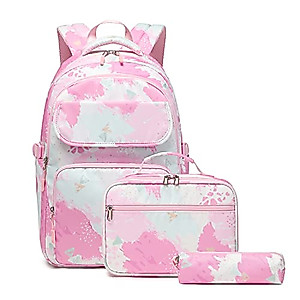 Robhomily 3pcs Girls Backpack with Lunch Box for Elementary Middle School 17 inch Kids Backpack with Lunch Bag Set Waterproof,Lightweight Pink School Backpack for Teen Girls