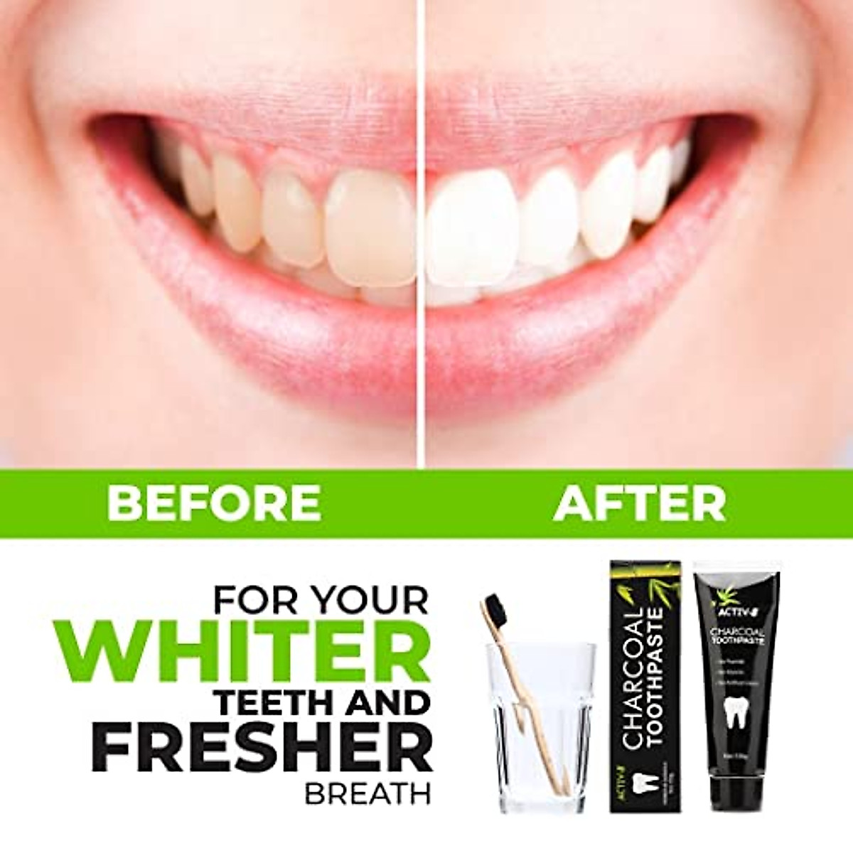 Activ-8 Activated Charcoal Toothpaste (100g) and Bamboo Toothbrush, Removes smoke and coffee stains, Vegan, Fluoride Free, Mint Flavour