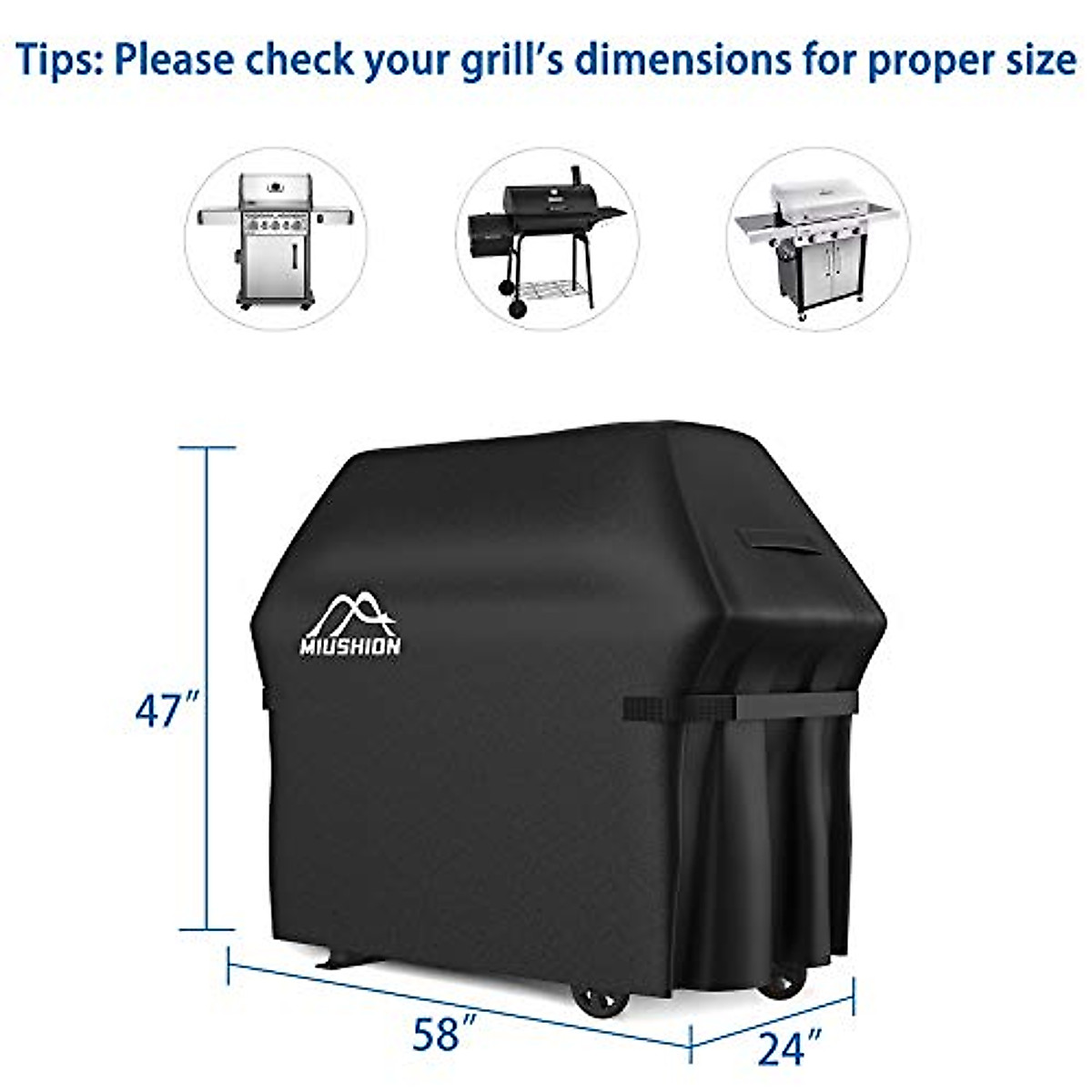 Miushion BBQ Grill Cover 58 Inch Heavy Duty Gas Outdoor Grill Cover for Weber, Brinkmann, Char Broil, Holland and Jenn Air etc. UV Fade/Rip Resistant, Waterproof (Black)