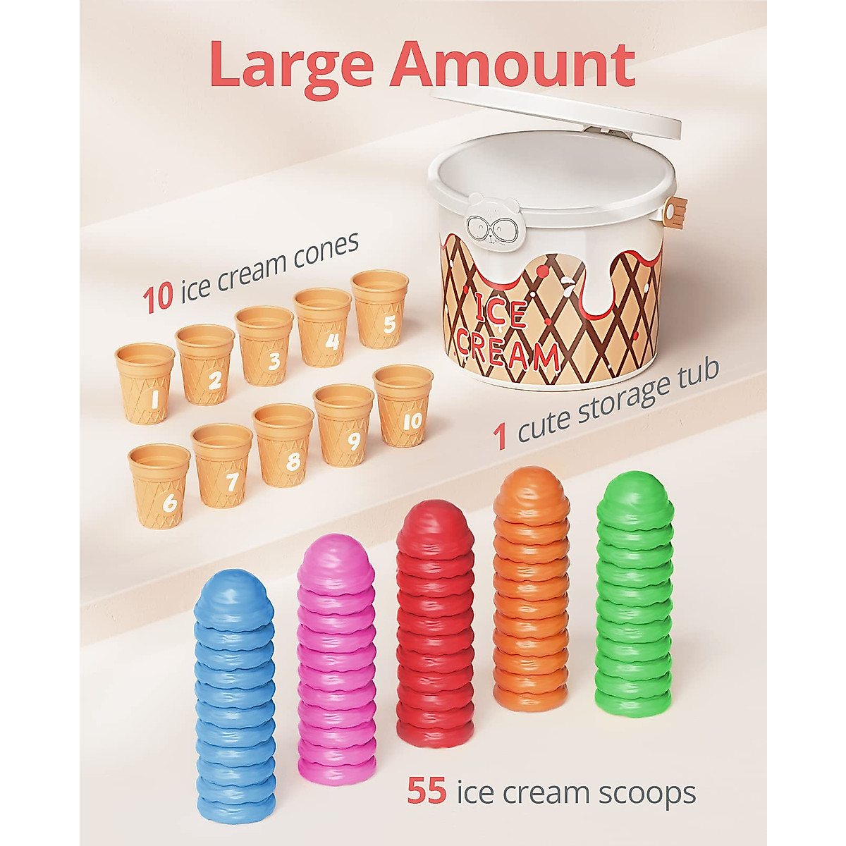 JoyCat Ice Cream Preschool Learning Activities Counting and Color Sorting Set Stacking Toys for Kids 3-5, Stacking Fine Motor Skills Toys, 65PCS Math Manipulatives Learning Resources Toys