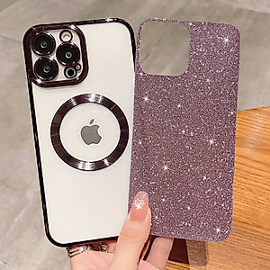 MGQILING Compatible with iPhone 13 Pro Max Magnetic Glitter Case, Luxury Plating Cute Bling Clear Phone Case, Compatible with MagSafe for Women Girls with Camera Protector Back Cover - Purple
