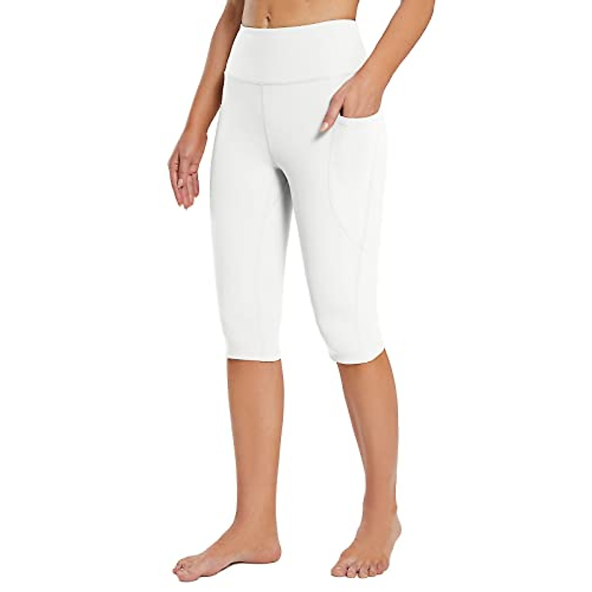 BALEAF Women's High Waisted Capris Casual Summer Knee Length Leggings Petite Yoga Casual Workout Exercise Capris with Pockets White 3XL