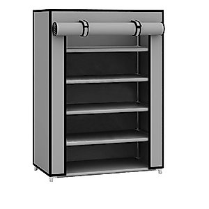 Sunbeam Multipurpose Portable Wardrobe Storage Closet For Shoes and Clothing 5 Tier/Fits 15 Pairs of Shoes Heavy Duty Non Woven Material Gray With Roll Down Cover (Grey)